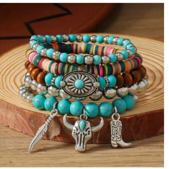 Jewelry | 5pcs Bohemian Style Wooden Bead String With Turquoise Leaves ...